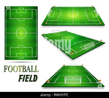 Luftaufnahme von einem Fußballfeld mit weißen Linie auf grünem ...