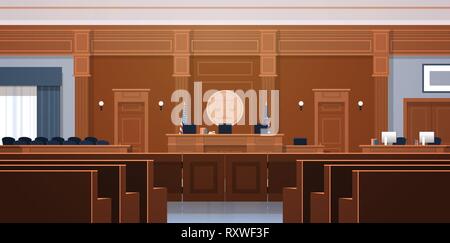 Leeren Gerichtssaal mit Richter Arbeitsplatz Stühle und Tisch moderne ...