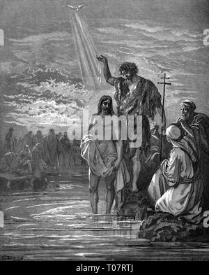Die Taufe Jesu durch Johannes den Täufer, Grafik Collage von der Gravur ...