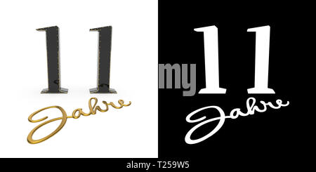 Goldene Zahl elf (Nummer 11) auf weißem Hintergrund mit Schlagschatten ...