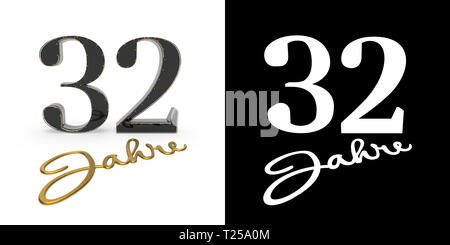 Goldene Zahl 32 (Nummer 32) auf weißem Hintergrund mit Schlagschatten ...
