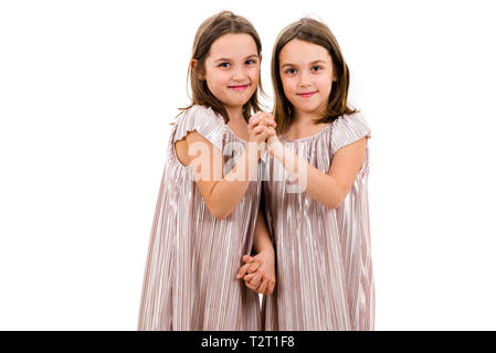 Identische Zwillinge Schwestern sind posieren für die Kamera. Happy Zwillingsschwestern in den ...