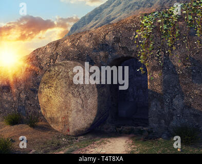 Grab leer mit Shroud und bei Sonnenaufgang - Auferstehung Jesu Kreuzigung Stockfotografie - Alamy