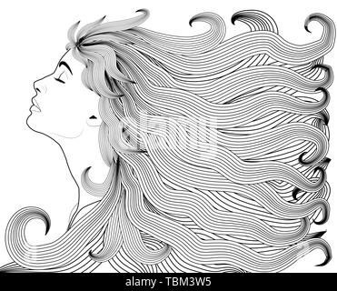 Mädchen mit streaming Haar und Blumen, Bettwäsche hand gezeichnete ...