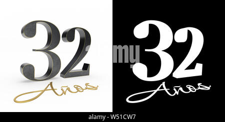 Goldene Zahl 32 (Nummer 32) auf weißem Hintergrund mit Schlagschatten ...