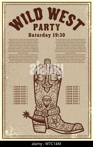 Wild West party Poster Vorlage. Cowboy Stiefel, Hut, Banjo, Revolver ...