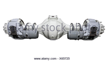 Schwerlast-LKW-Hinterachse mit Bremsen isoliert auf weißem Hintergrund ...