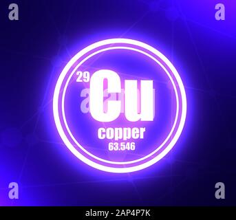 Élément chimique en cuivre, signe avec numéro atomique et poids ...
