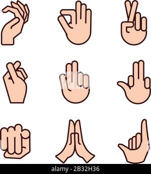 ensemble de signaux de mains ligne et de style de remplissage sur fond ...