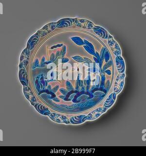 Soucoupe avec des figures dans un paysage avec des arbres, des rochers ...