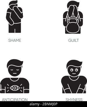 Icône de glyphe noir embarrassant. Homme agissant timide. Sentiment d ...