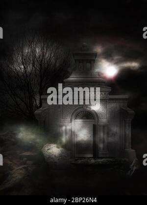Ancienne crypte ou temple dans le paysage de forêt sombre illustration ...
