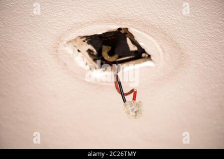La pose de câbles au plafond. Les fils électriques sur le mur ...