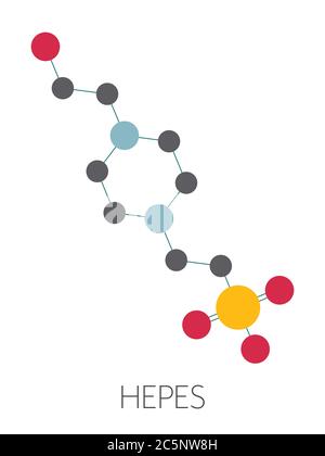 Agent tampon HEPES molécule. Formule topologique stylisé (structure chimique) : les atomes sont ...