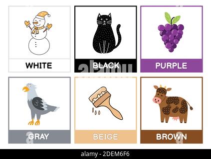 Flashcard avec objets de couleurs primaires. Ensemble d'objets et d ...