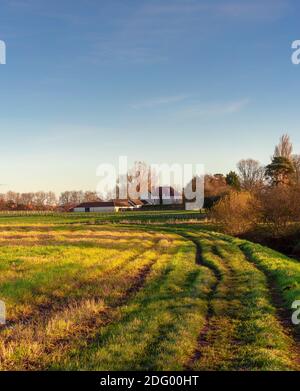 Sillons dans une courbe de champ vers une ferme blanche et une tour d ...