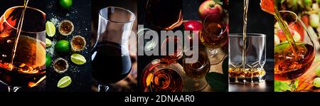 Collage photo, boissons alcoolisées fortes : cognac, vinsky et brandy ...