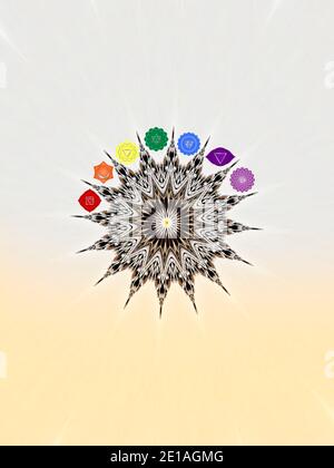 Arrière-plan spirituel avec chakras, silhouette de femme, arbre de vie ...