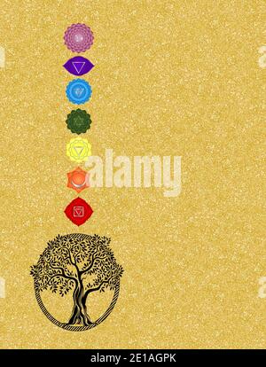 Arrière-plan spirituel avec chakras, silhouette de femme, arbre de vie ...