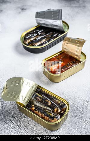 Assortiment de poissons en conserve dans une boîte sur fond de béton ...