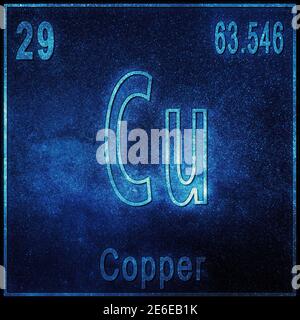 Élément chimique en cuivre, signe avec numéro atomique et poids ...