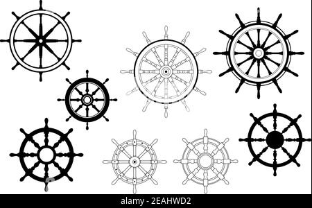 Collection de volants vintage blancs. Navire, symbole roue rétro yacht. Icône de barre nautique ...