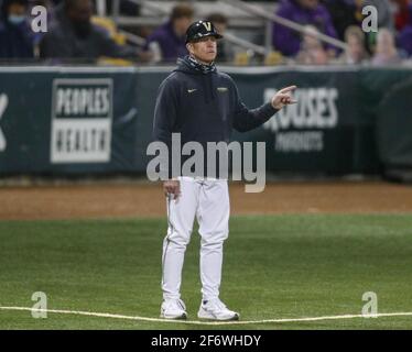 Vanderbilt head coach Tim Corbin talks to an umpire during an NCAA ...