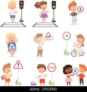 Enfants avec feu de circulation et panneau d'avertissement, règles de ...