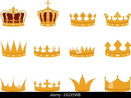 Ensemble de couronnes royales dorées dans un style de dessin animé, pour roi et reine. Icônes ...
