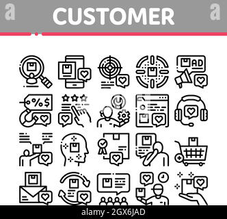 Ensemble d'icônes linéaires de parcours client. Cartographie, points de ...
