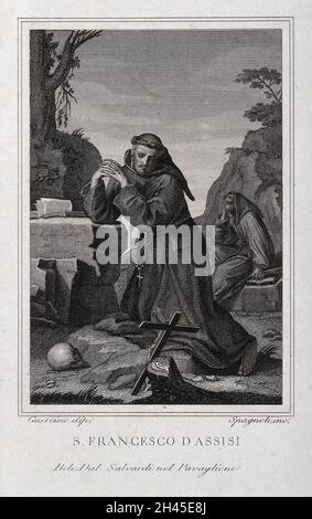Saint François d'Assise, à genoux, contemplant un crucifix; moine ...