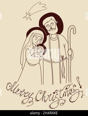 Illustration de la Nativité de Noël avec Marie et Joseph, serrant l ...