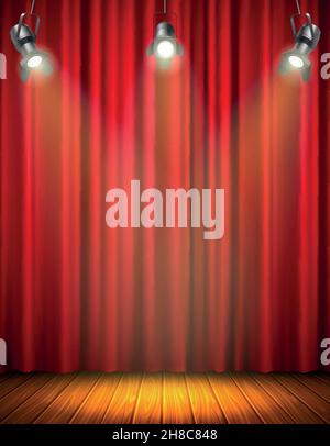 Rideau rouge et parquet en bois vecteur réaliste. Théâtre, scène d ...