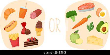 Aliments sains et malsains. Mauvaise nourriture vs bonne alimentation ...