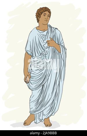 Un jeune homme dans une tunique grecque ancienne avec un papyrus ...