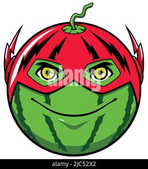 Personnage de super-héros de fruit de pastèque de dessin animé. Vector super héros personnage en ...