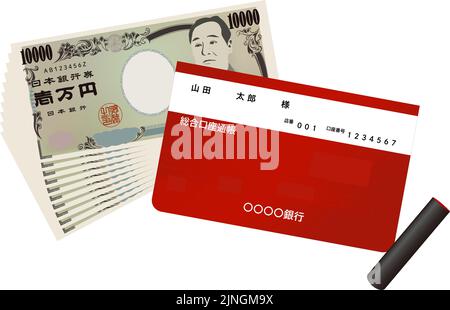 Illustration de 100 000 yens en espèces et banque livret et sceau ...