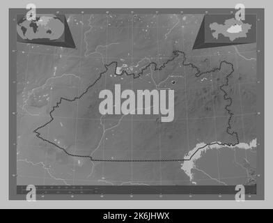 QaragHandy, région du Kazakhstan. Carte d'altitude en niveaux de gris ...