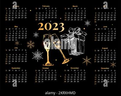 Illustration du vecteur de l'année civile 2023. La semaine commence le dimanche. Modèle du ...