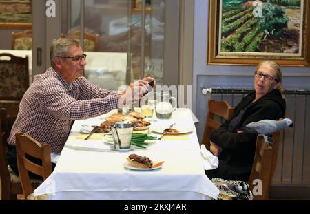 Parrot Koko assis sur une chaise dans le restaurant Torcida, à Sibenik ...