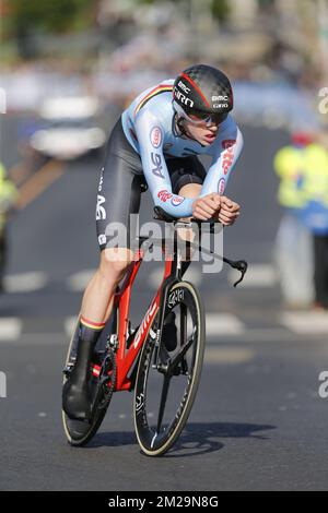 Belge U23 Nathan Van Hooydonck photographié en action pendant le procès ...