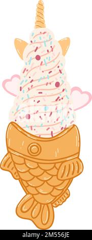 Cône de glace taïyaki en forme de poisson de style dessin animé plat ...
