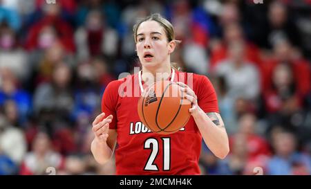 Louisville forward Emily Engstler (21) shoots over Wake Forest forwards ...