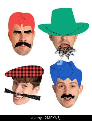 Collage contemporain composé de visages masculins, de têtes avec ...