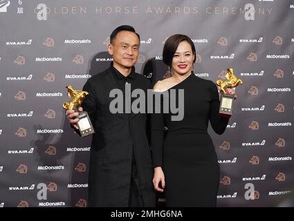 Malaysian actress Yeo Yann-yann, right, and Taiwanese actor Chen Yi-wen hold their awards for ...