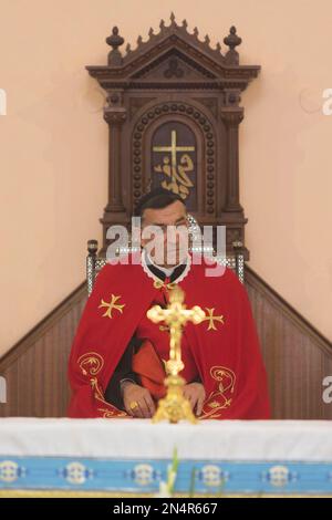 Cardinal Bechara Rai, a Maronite Catholic, center, is seen inside a ...