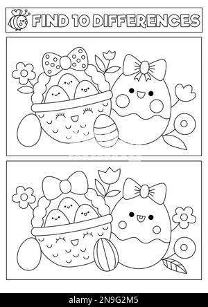 Jardin kawaii noir et blanc trouver les différences jeu. Page de ...