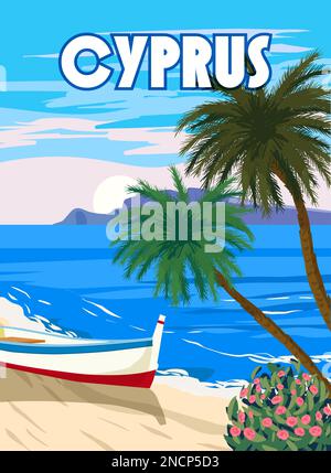 Chypre Poster Travel, paysage marin grec, plage, palmiers, bateau, Affiche, paysage ...