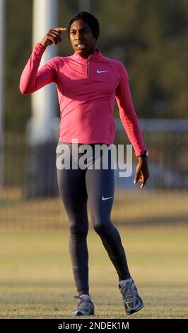 South African track and field athlete Caster Semenya, center, jogs ...