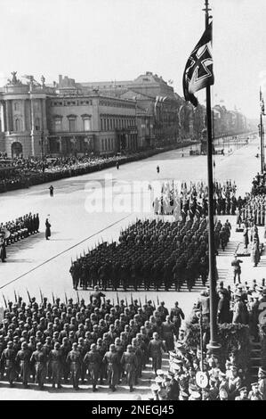 German Chancellor Adolf Hitler reviewing members of the Free Corps in ...